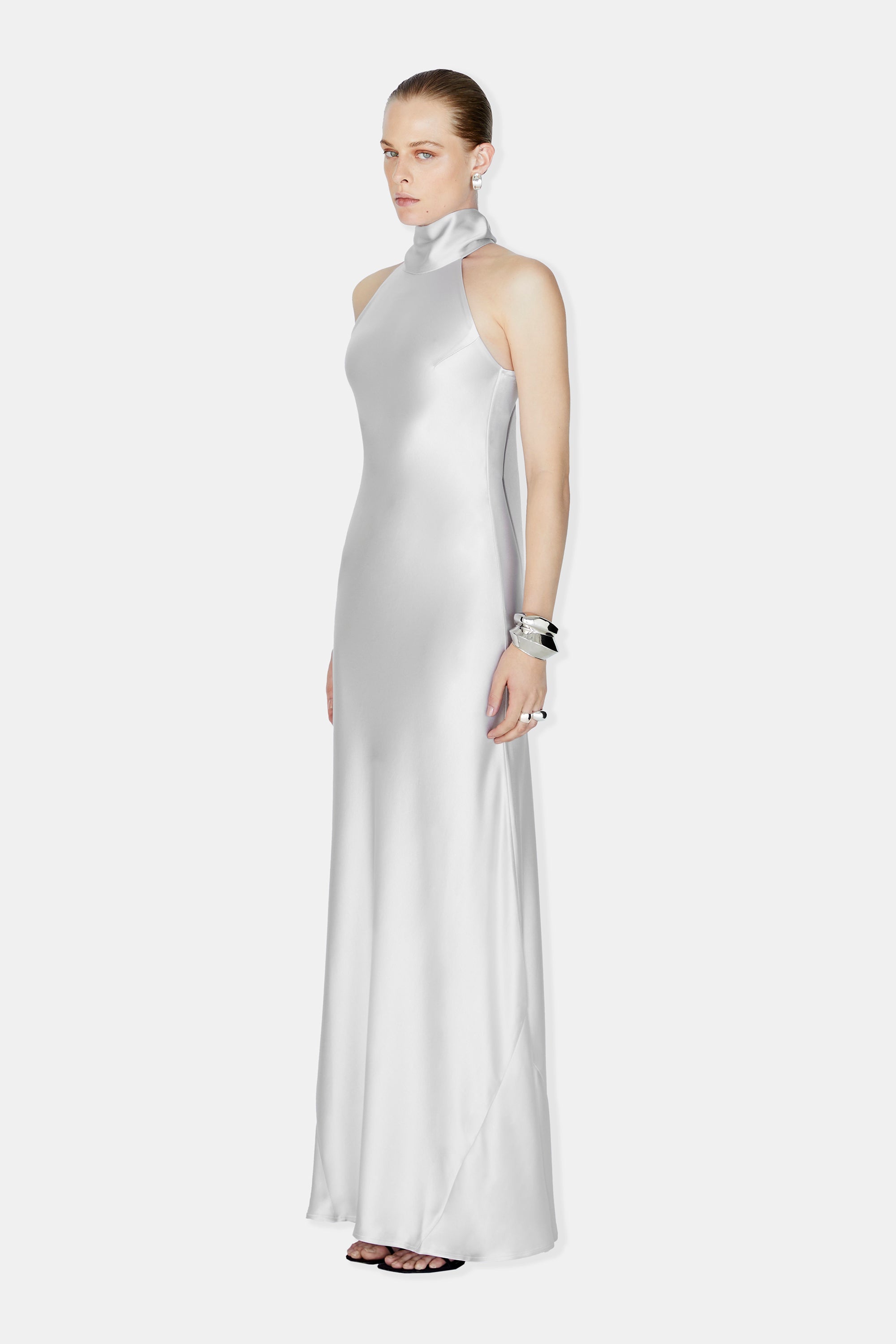 Luxury Designer Silk Halterneck Silver Dress | Luxury Eveningwear ...